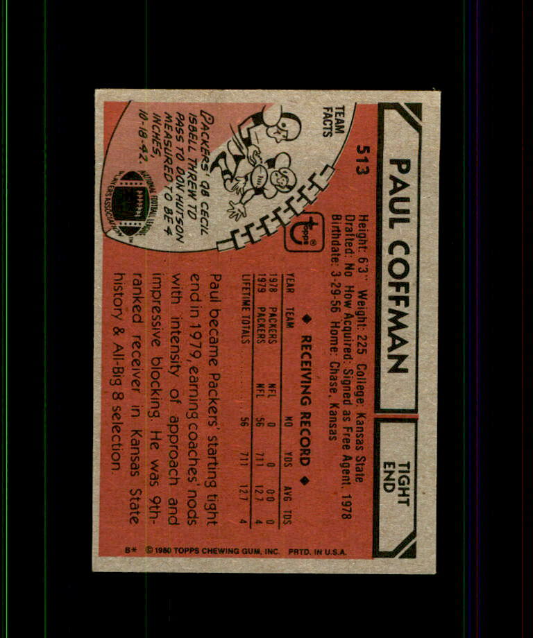 1980 TOPPS FOOTBALL CARD GREEN BAY PACKERS #513 PAUL COFFMAN WELL ...