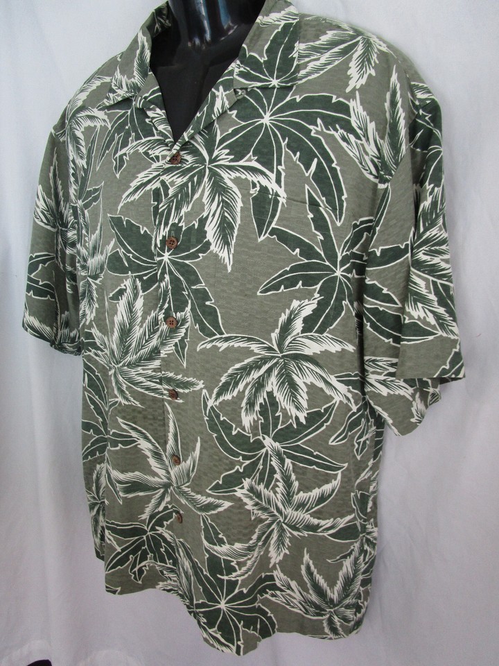 Hilo Hattie Hawaiian 100% Silk Button Up Shirt Large Green Palm Frond ...