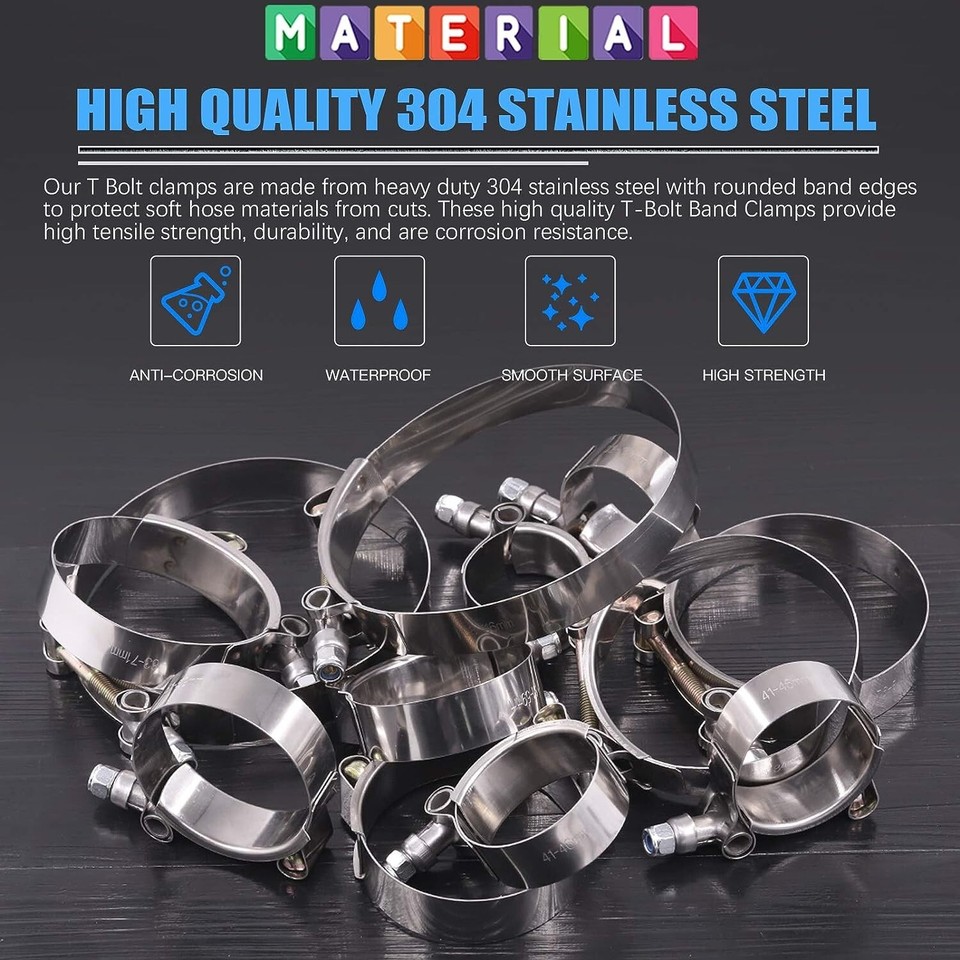 T-Bolt Hose Clamps Kit Stainless Steel Soft Hose Clamps Assortment ...