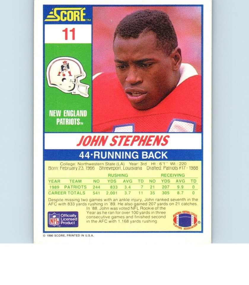 John Stephens 11 Patriots 1990 Score NFL Football Trading Card | eBay