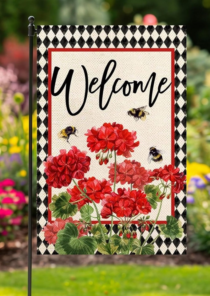 Welcome Spring Geranium Garden Flag Double Sided 12x18 Inch Summer Bee ...