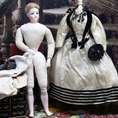 17" ANTIQUE FRENCH FG FASHION DOLL WITH GESLAND BODY AND BISQUE HANDS ...