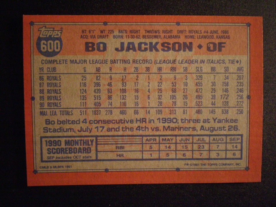 1991 Topps Baseball Royals Bo Jackson Card # 600 | eBay