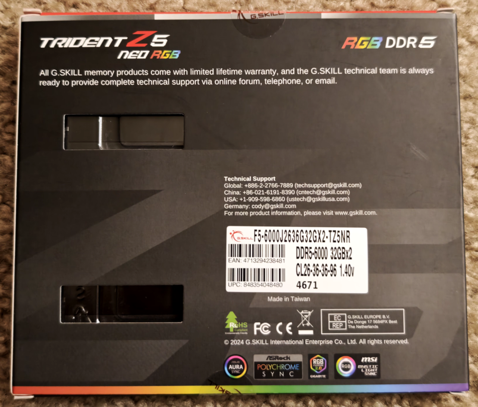 CL26 DDR5-6000 G.SKILL Trident Z5 Neo RGB 64GB 2x32GB RAM CL26-36-36-96 ...