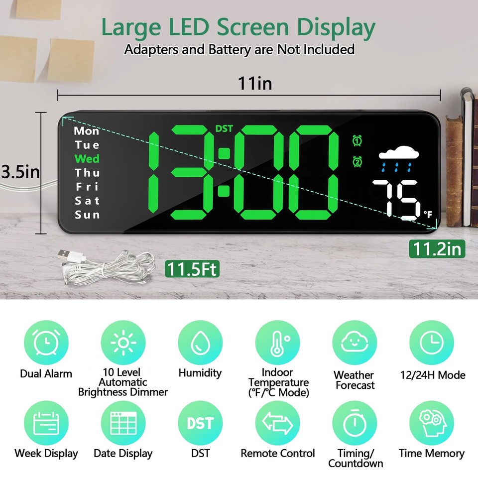 Digital Wall Clock with Remote Control, Large Display Plug in LED ...
