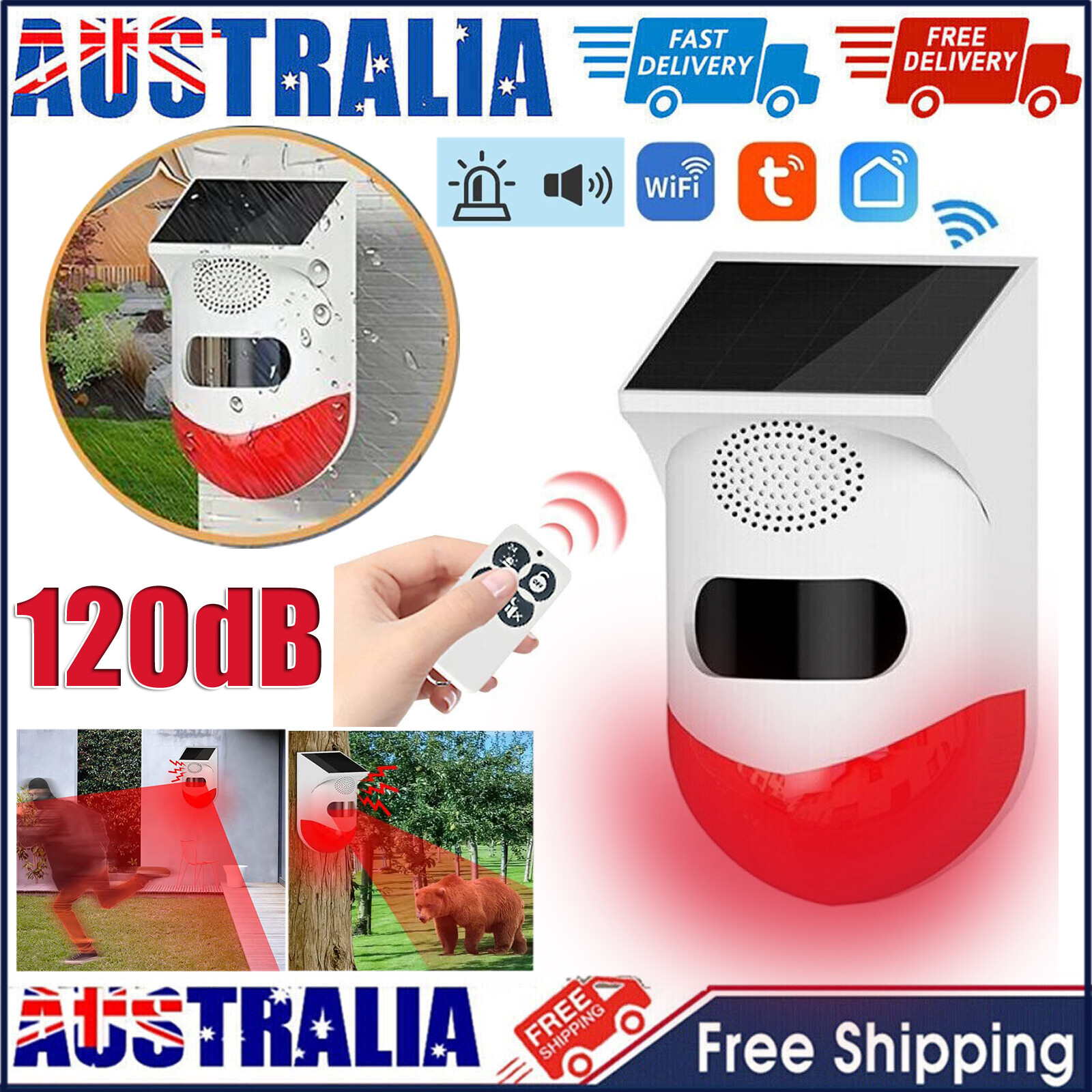 WiFi Solar Strobe Alarm Light Wireless Motion Sensor Siren Remote ...