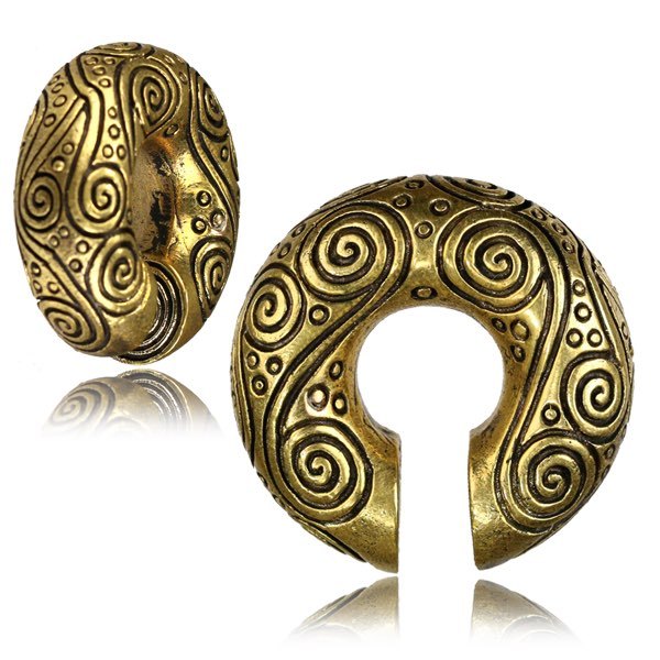 PAIR BRASS EAR WEIGHTS TRIBAL ORNATE BRASS HOOPS PLUGS GAUGES TWIST ...