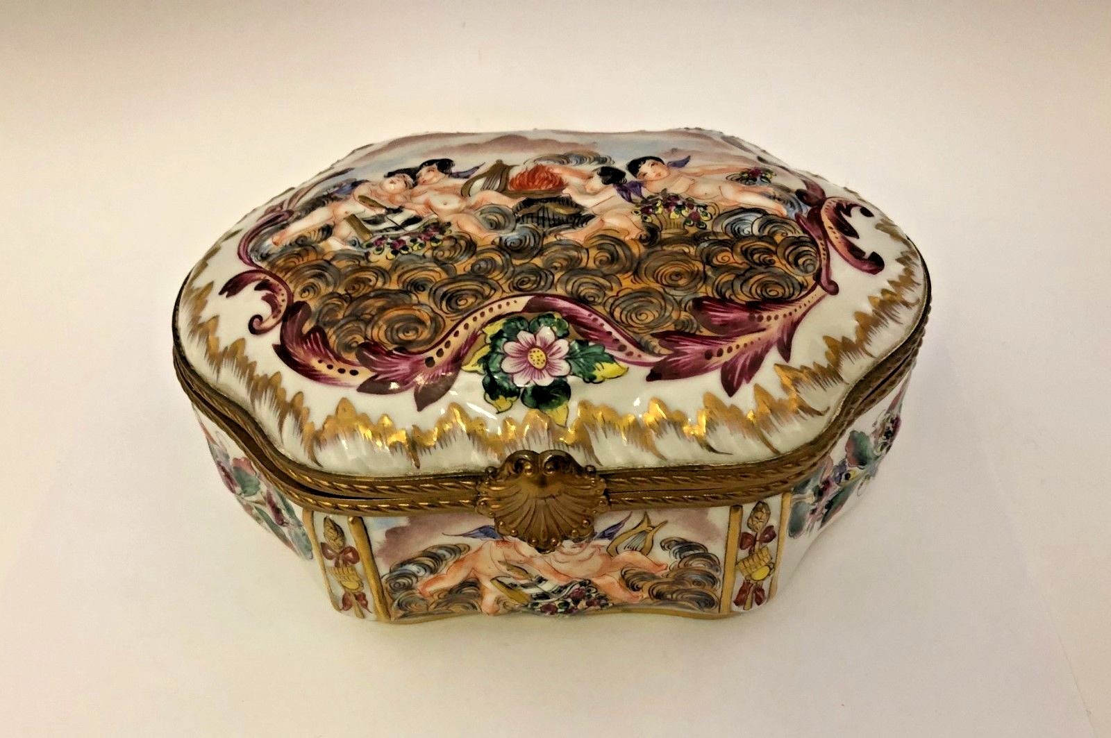 Capo De Monte Porcelain & Brass Handpainted Dresser Box | eBay