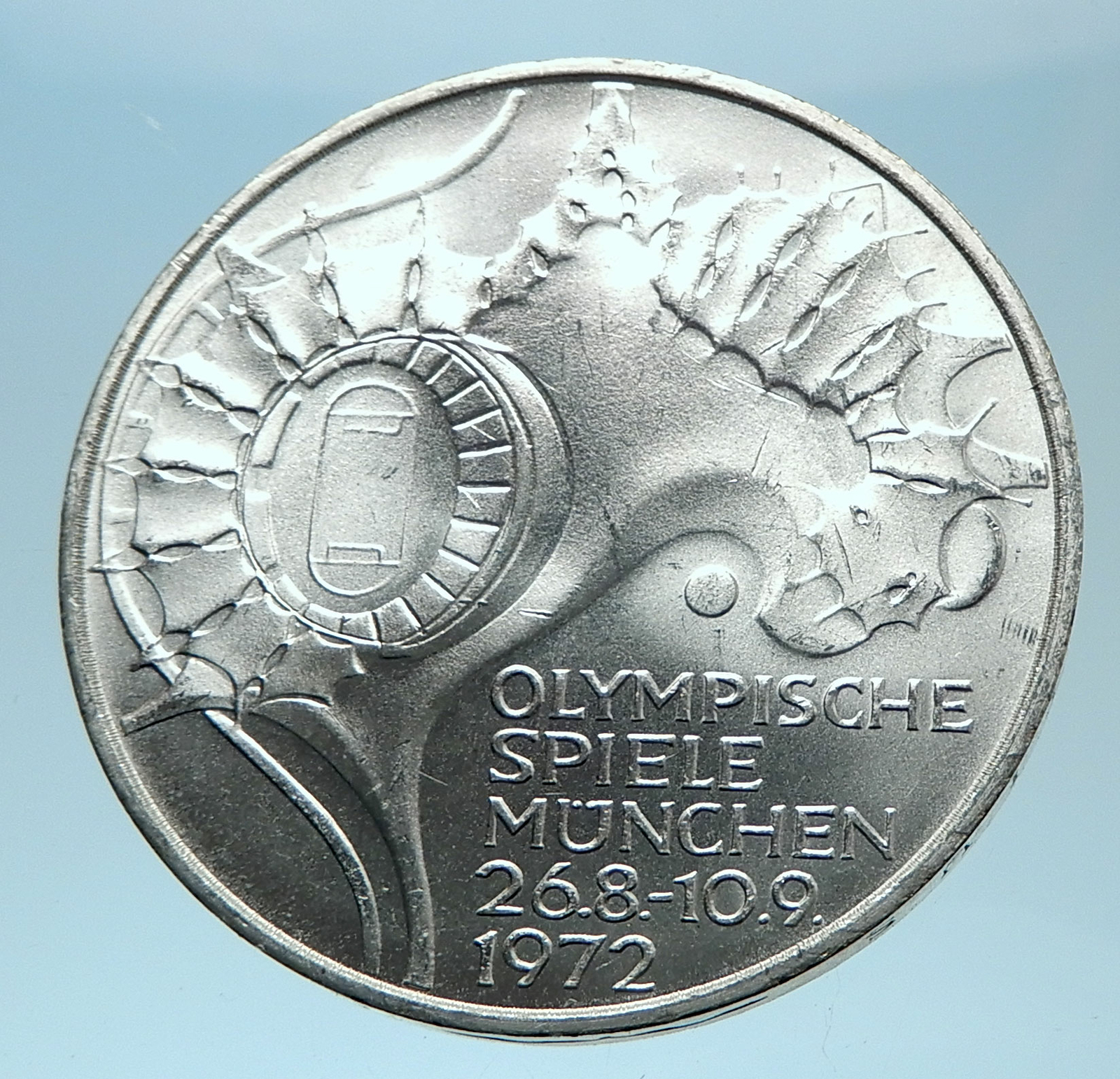 1972 Germany Munich Summer Olympics Stadium Genuine 10 Mark Silver Coin ...