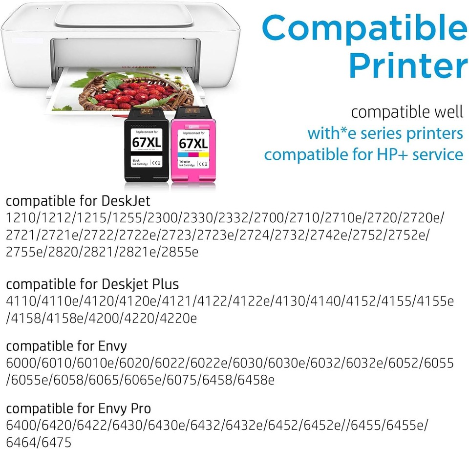 67XL Ink Cartridge for HP 67 Ink Deskjet 2855e 2800e 2755e 4155e Envy ...
