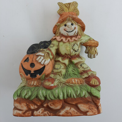 Scarecrow And Pumpkin Ceramic Figurine Fall Collectible 7 Inches Music ...