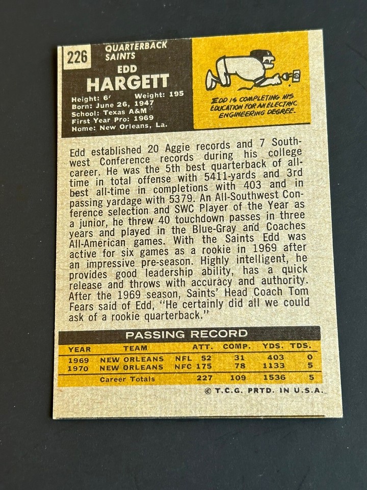 1971 Topps Football #226 Edd Hargett EX+ OC New Orleans Saints Texas A ...
