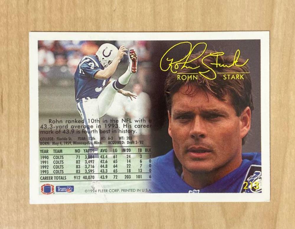 ROHN STARK INDIANAPOLIS COLTS SIGNED AUTOGRAPHED 1994 FLEER CARD #213 W ...