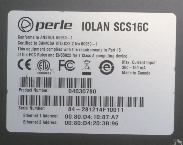 Perle IOLAN SCS SCS16C Secure Console Server 16x RS-232 Single AC ...