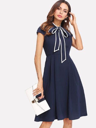 Charming J Crew Navy Neck Tie Bow Side Pockets "Flight Attendant" Dress ...