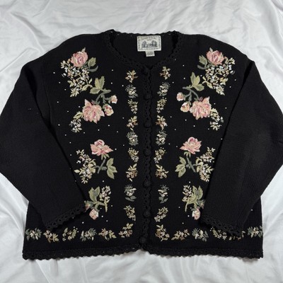 Vintage Jacque Koko Floral Embroidered Beaded Black Cardigan Sweater ...