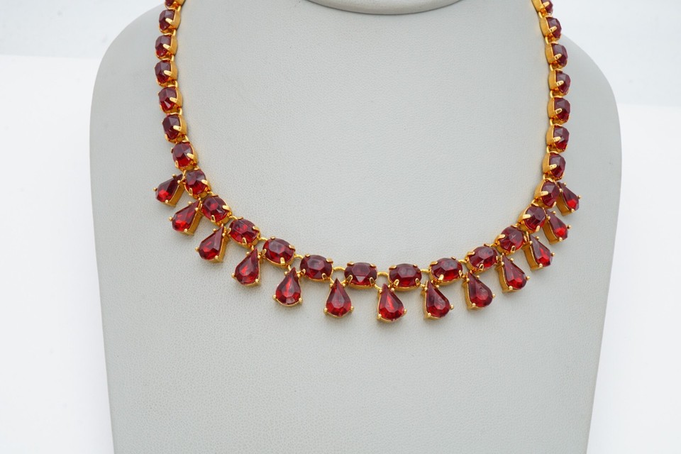 Vintage Necklace Gold Tone Red Rhinestone Teardrop 18" | eBay