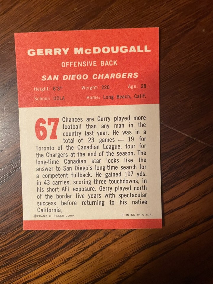 1963 FLEER #67 GERRY MCDOUGALL SAN DIEGO CHARGERS FOOTBALL CARD NM+ | eBay