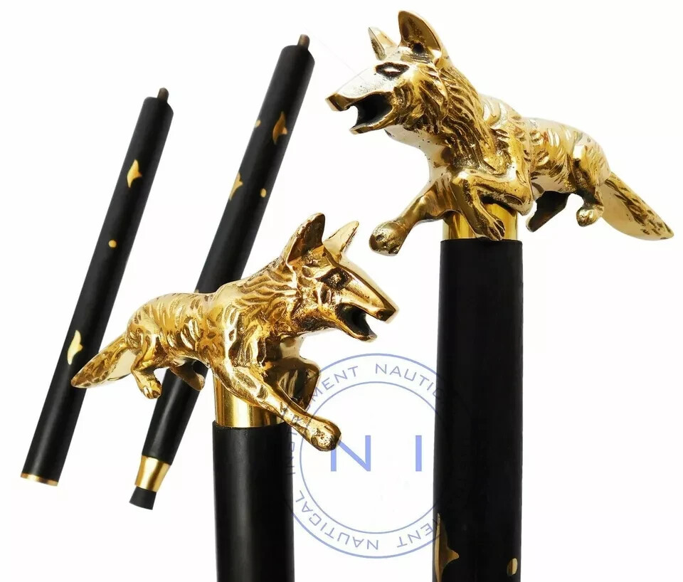 Solid brass wolf head handle vintage black wooden Wal… - Gem