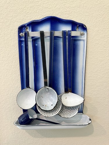 Antique Enamelware Utensil Rack Blue W/ 2 Ladles 2 Skimmers 1 Spoon 1 ...