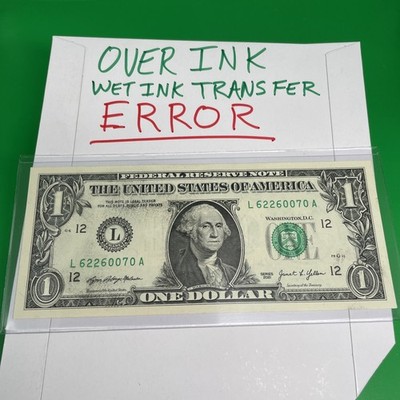 Wet Ink Transfer, misaligned treasury seal“UNC” Dollar Bill Fancy ...