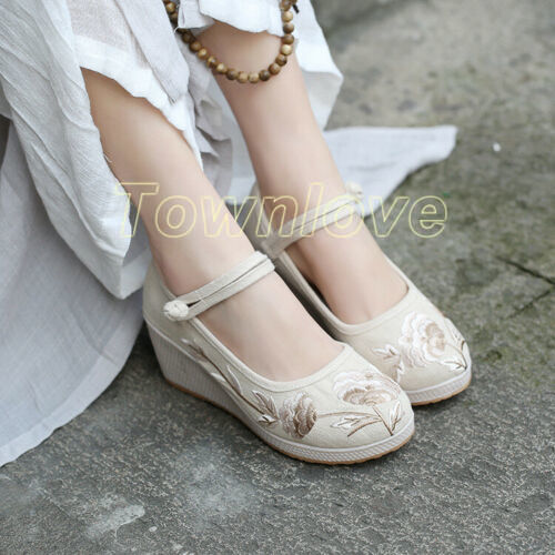 Women Hanfu Ethnic Embroidered Wedges Shoes High Heel Chinese Lady ...