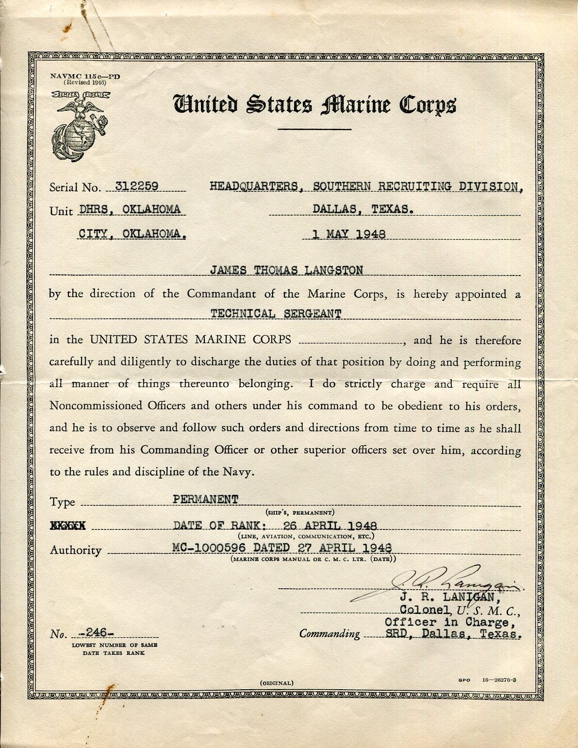 General John R. Lanigan USMC 25th Marine Iwo Jima Navy Cross Signed ...