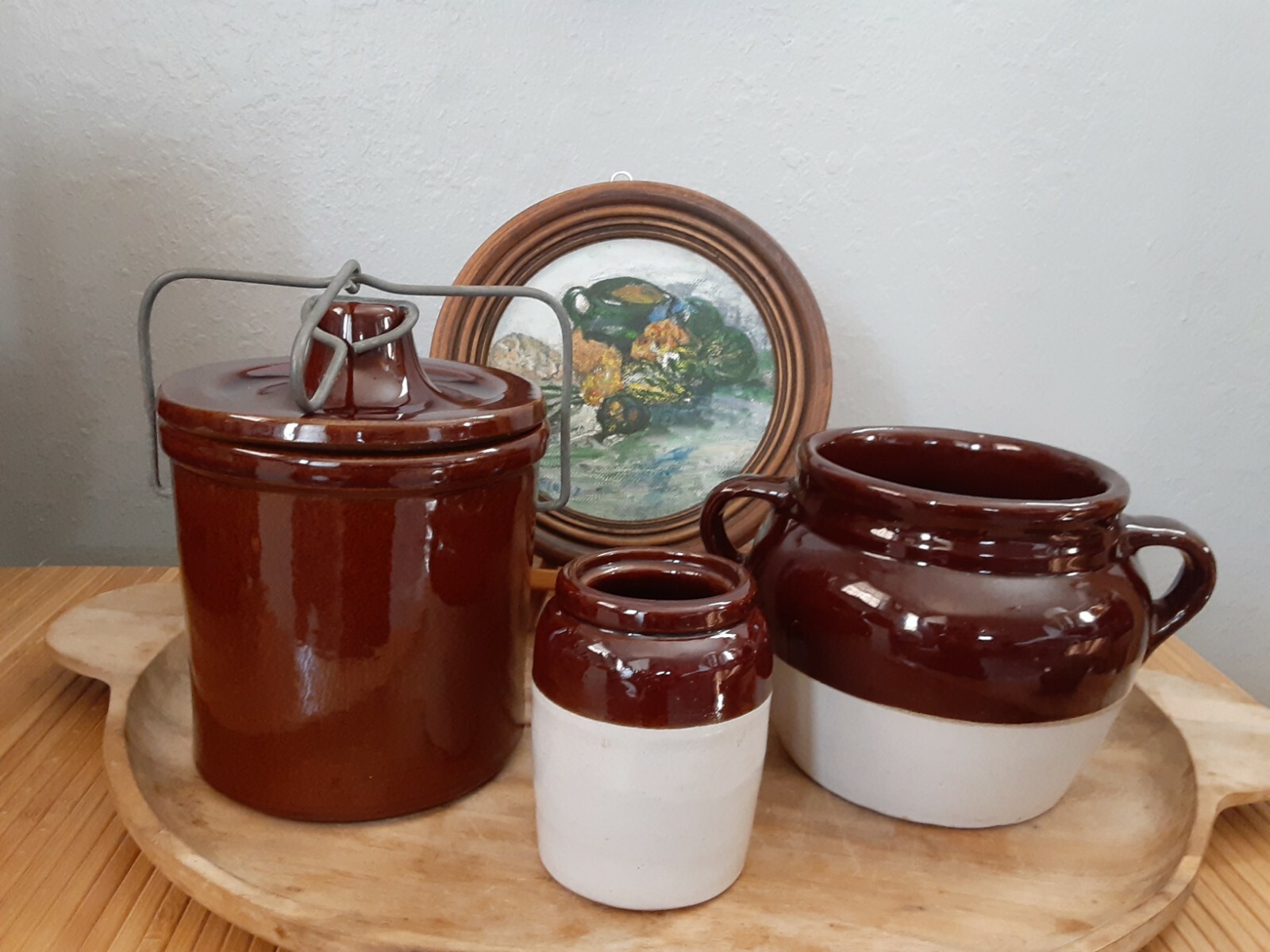Ceramic Cheese Crock Large Jar Lid Wire Brown stoneware Vintage kitchen ...