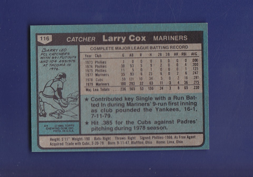 Larry Cox 1980 TOPPS MLB Baseball #116 (NM+) Seattle Mariners | eBay