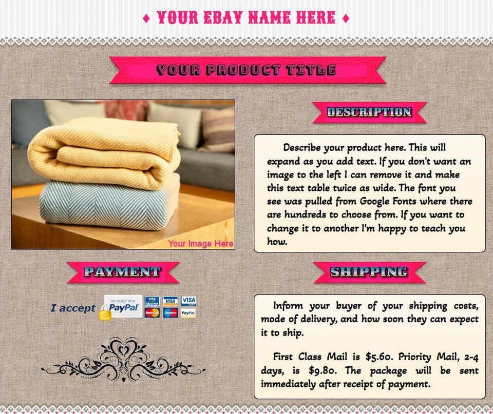 AUCTION TEMPLATE Beige Linen Texture BG Design - FREE Email Shipping ...