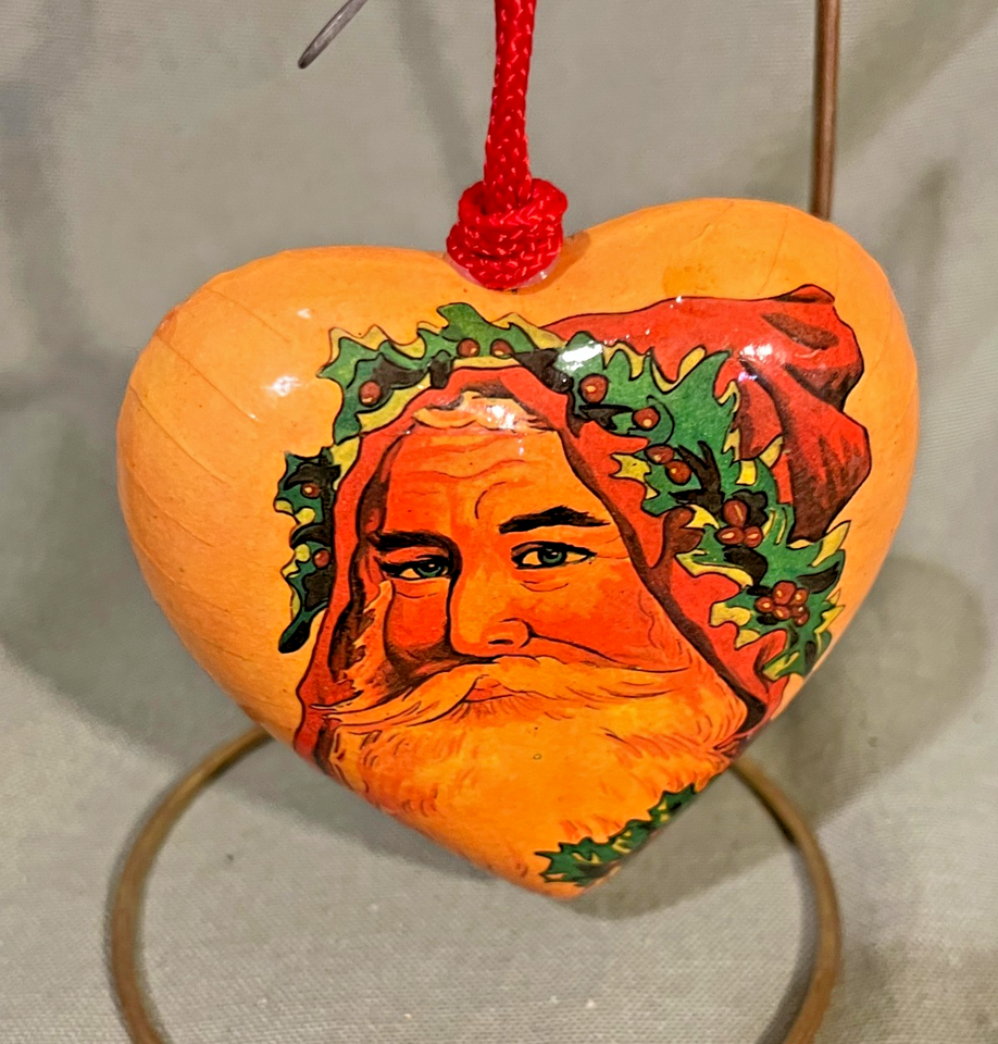 Vintage Decoupage Santa Face on Heart Ornament Plastic 3 1/2" Holly ...