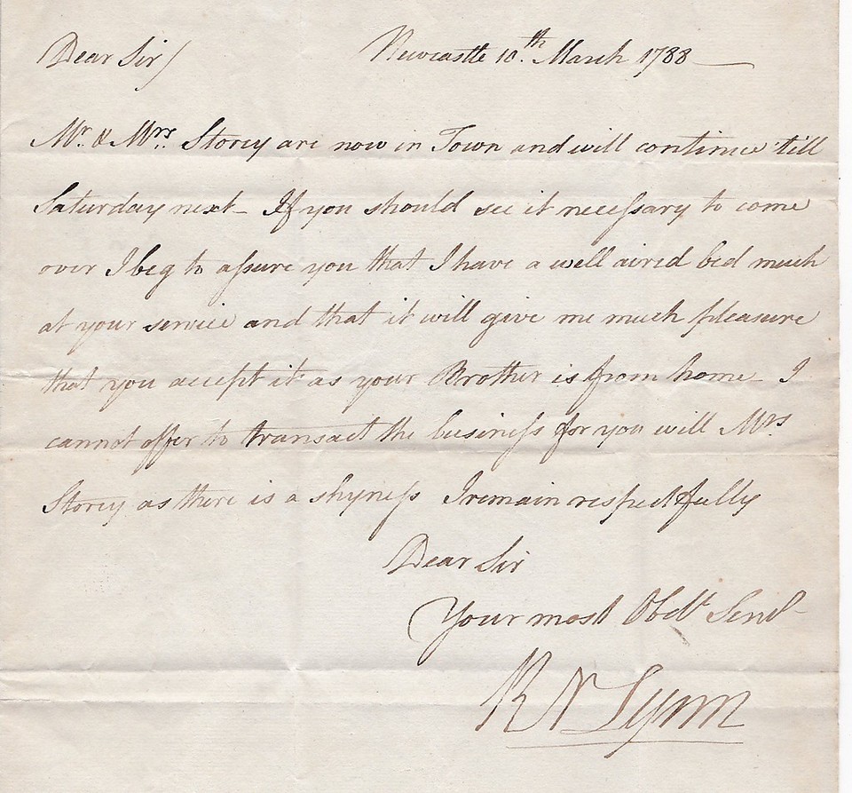 1788 NEWCASTLE 1st TYPE MILEAGE POSTMARK LETTER R N LYNN TO THOMAS ...