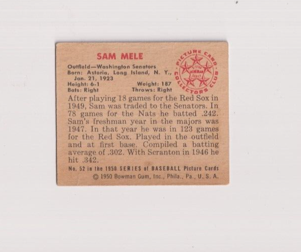 SAM MELE 1950 BOWMAN BASEBALL VINTAGE CARD #52 WASHINGTON SENATORS RARE ...