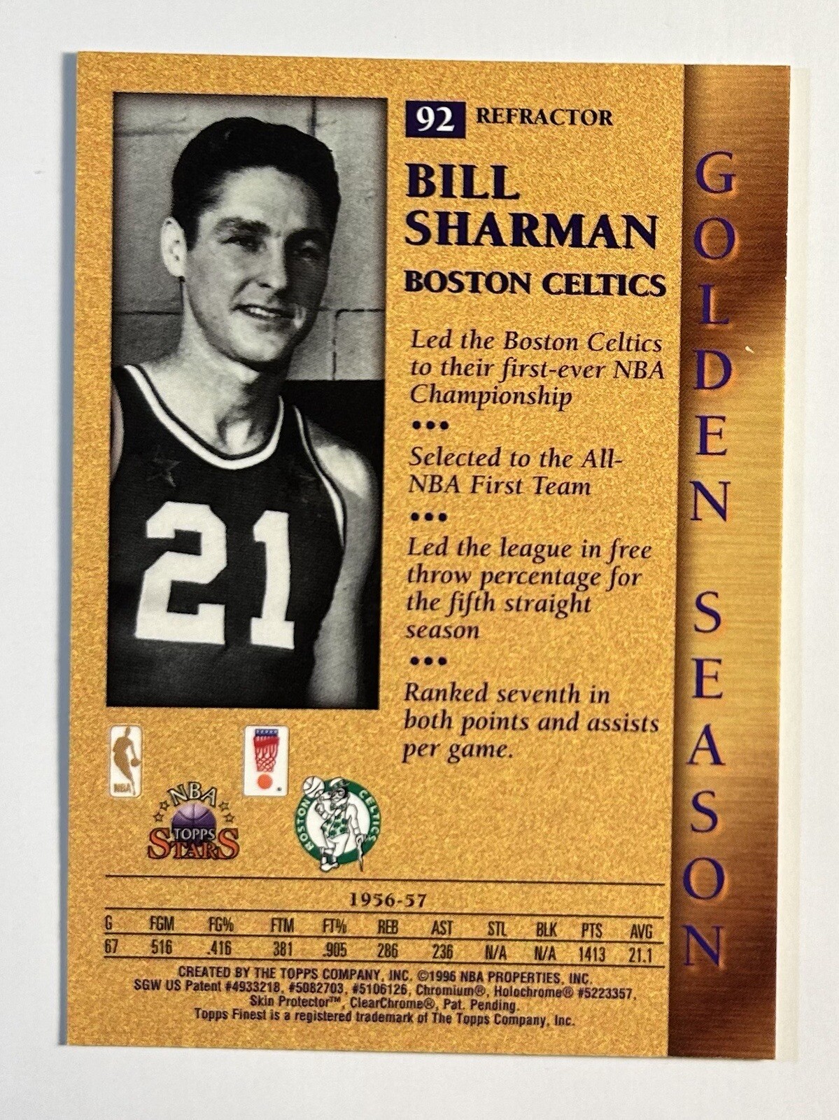 1996 Topps Stars Golden Season Refractor Bill Sharman Boston Celtics ...