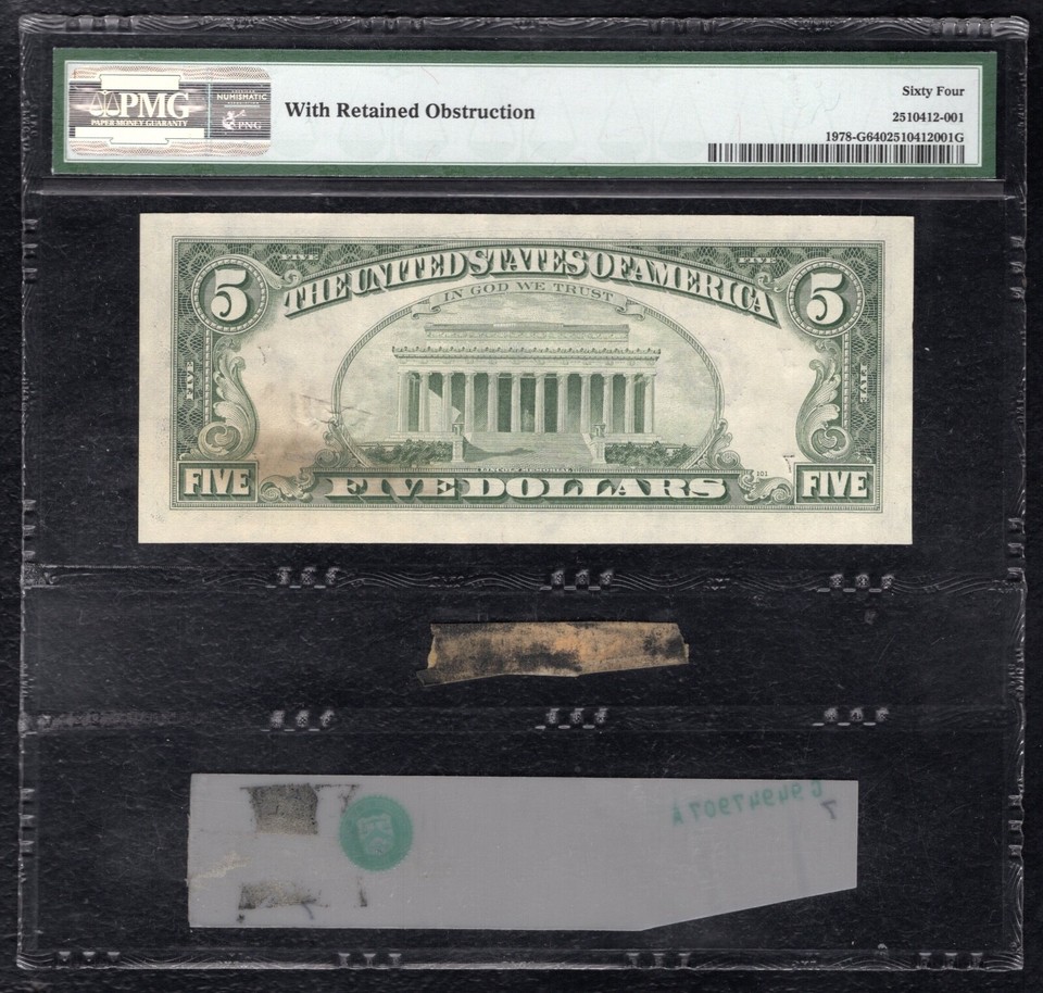 1985 $5 FRN “OBSTRUCTED PRINTING ERROR WITH RETAINED OBSTRUCTION” PMG ...