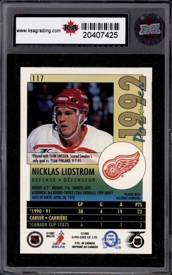 1991-92 OPC PREMIER #117 NICKLAS LIDSTROM ROOKIE CARD KSA 10 GEM MINT ...