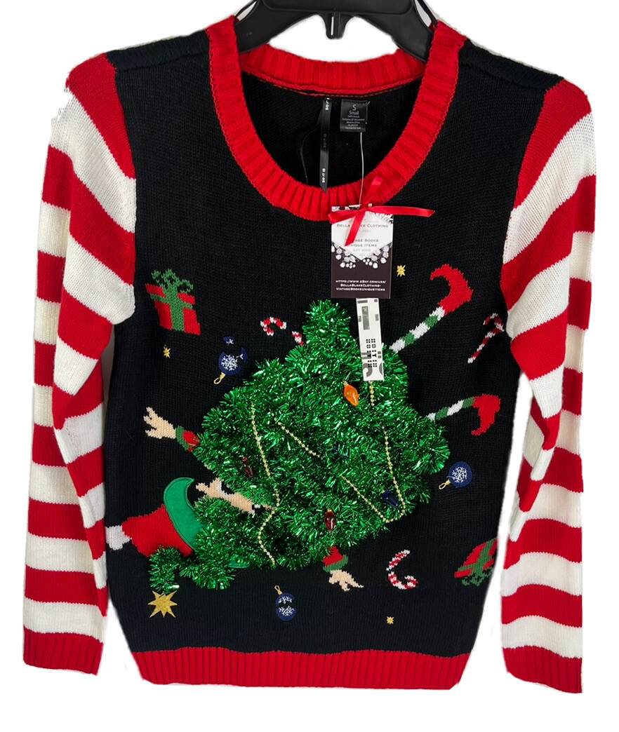 So It Is S Juniors Holiday Party Sweater Clumsy Elf black Tinsel Tree ...