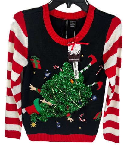 So It Is S Juniors Holiday Party Sweater Clumsy Elf black Tinsel Tree ...
