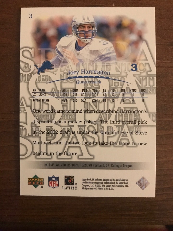 2003 SP Authentic Football Joey Harrington Rookie Card #3 | eBay