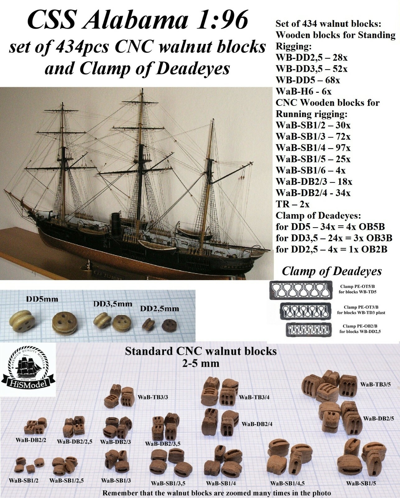 Revell CSS Alabama 1:96 - set of 434pcs CNC walnut blocks and Clamp of ...