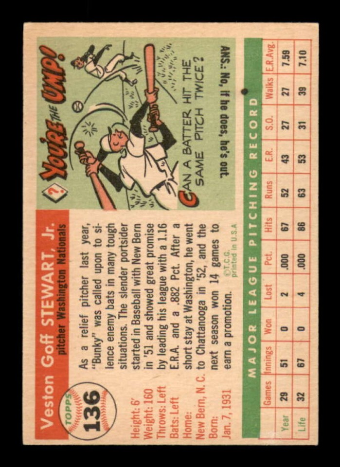 1955 Topps #136 Bunky Stewart EX+ RC Rookie Senators 549930 | eBay