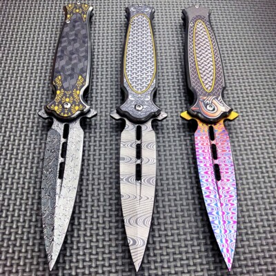 8.25" Damascus Etch Style Dirk Dagger Spring Open Assisted Pocket Knife ...