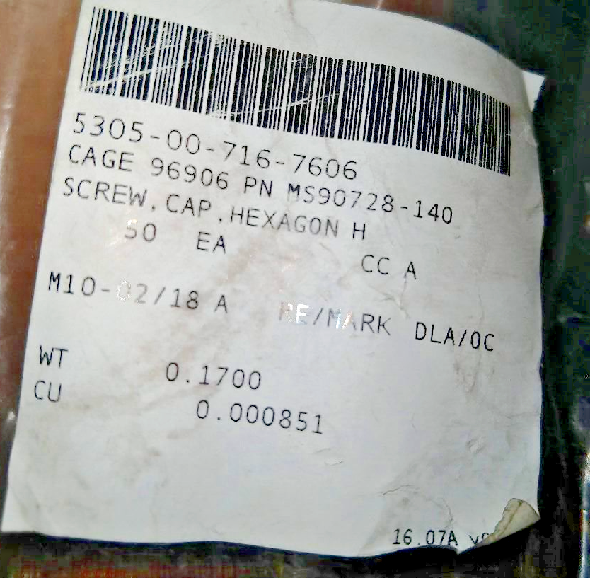 HEXAGON HEAD CAP SCREW 9/16-12 X 2 MS90728-140 197-520 860-520 5305-00 ...