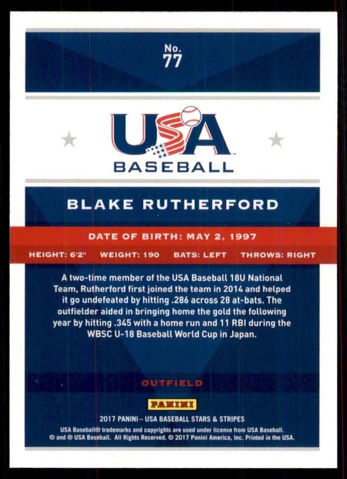 2017 Panini Stars and Stripes Blake Rutherford Rookie USA #77 Baseball ...