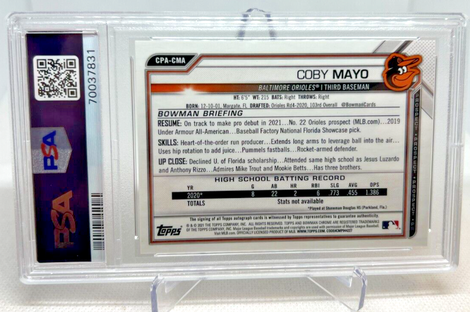 PSA 9 - 2021 Bowman Chrome COBY MAYO 1st RC Yellow Refractor AUTO 46/75 ...