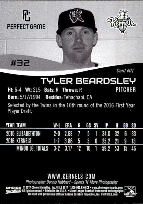 2017 Cedar Rapids Kernels Choice #1 Tyler Beardsley Tehachapi ...