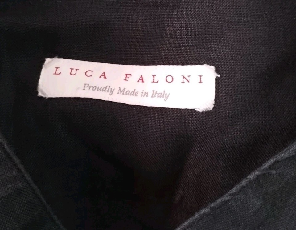 Luca Faloni Men's Size 45/18 Black Collarless Long Sleeve Linen Shirt ...