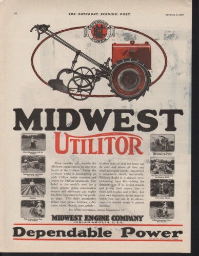 1920 MIDWEST UTILITOR GAS ENGINE TRACTOR PLOW MOWER GARDEN FARM AD ...