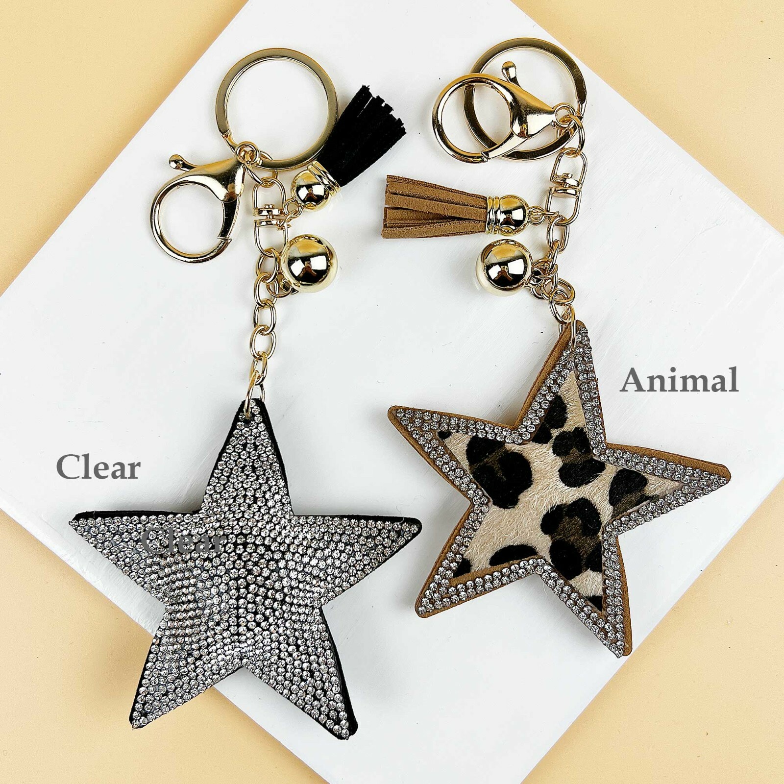 Star Shaped Keychain with Clip Snap Hook, Rhinestone Keychain, Leopard ...