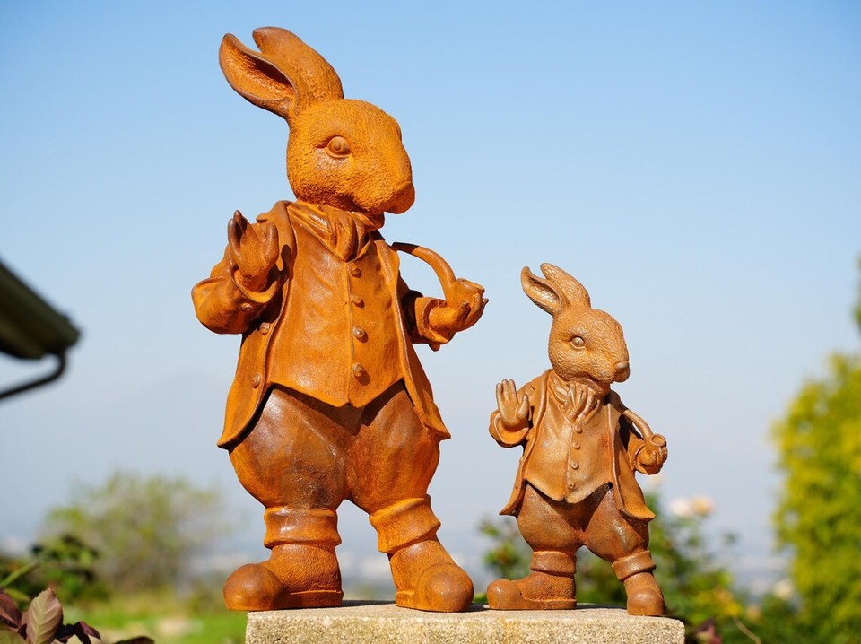 Metal Cast Iron Rabbit Statue - Rustic Bunny Garden Decor - Heavy Metal ...